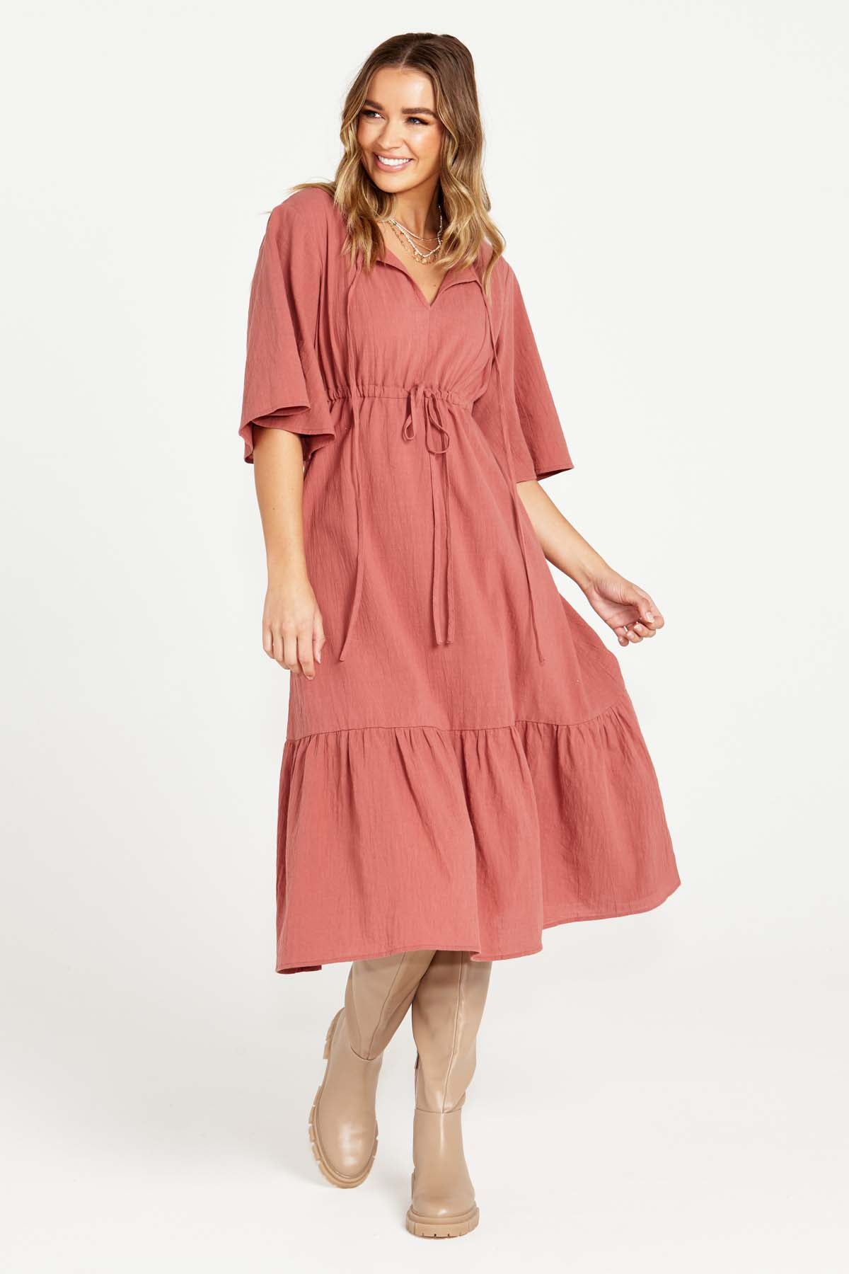 Sass Sonya Midi Tiered Dress in Burnt Rose - Hey Sara